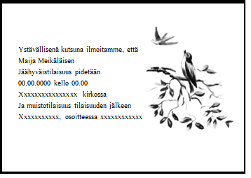 Kutsukortti Pääskyt - Mirellan Hautauspalvelu